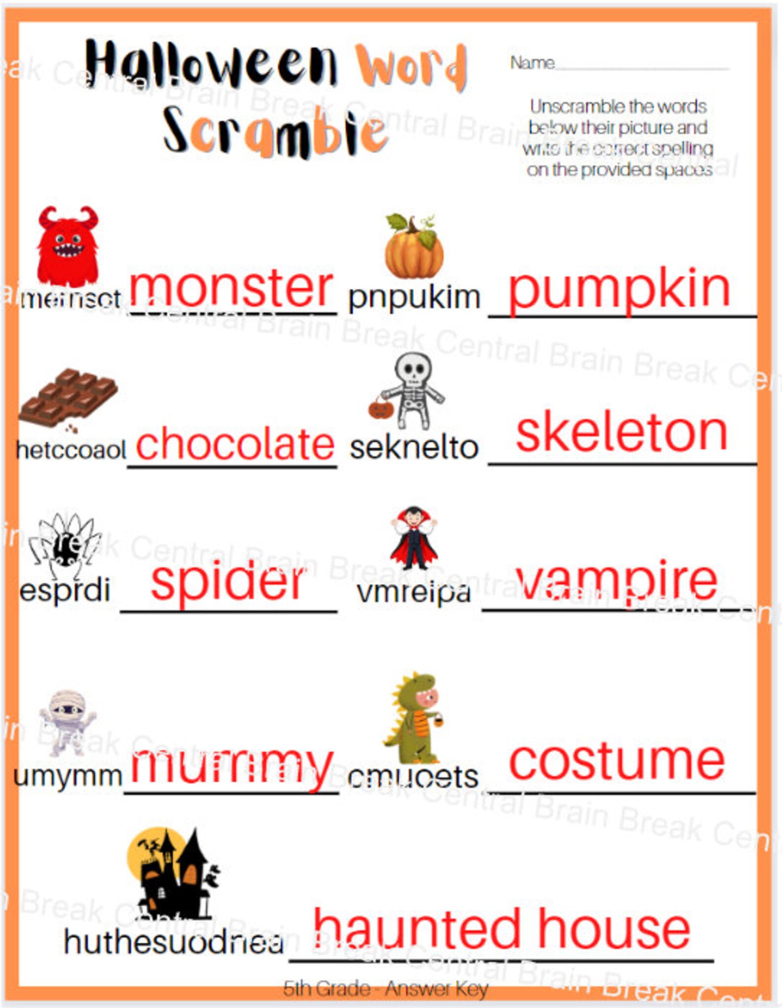 5th Grade Halloween Word Scramble Worksheet With Answer Key, Printable ...
