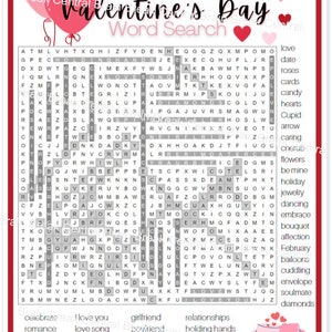 High School Valentine's Day Word Search With Answer Key, Printable - Etsy