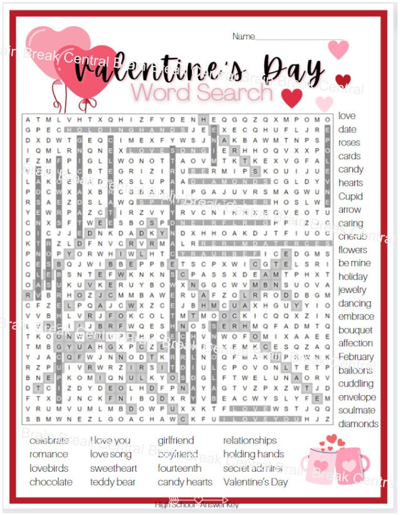 High School Valentine's Day Word Search With Answer Key, Printable - Etsy