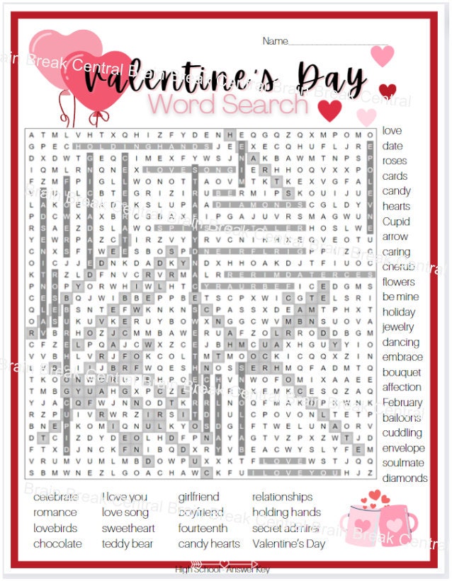 High School Valentine's Day Word Search With Answer Key, Printable - Etsy