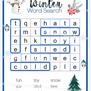 Kindergarten Winter Word Search With Answer Key, Printable - Etsy