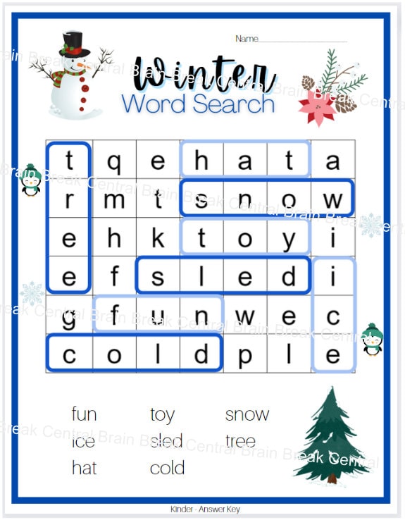 Kindergarten Winter Word Search With Answer Key, Printable - Etsy