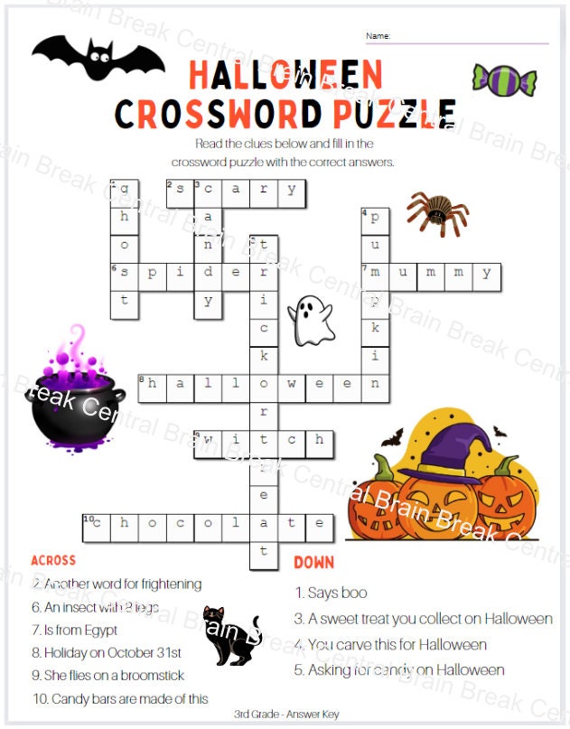 3rd Grade Halloween Crossword Puzzle With Answer Key - Etsy