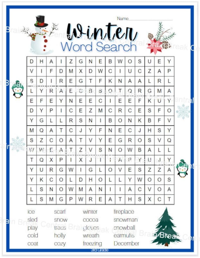 3rd Grade Winter Word Search With Answer Key, Printable - Etsy