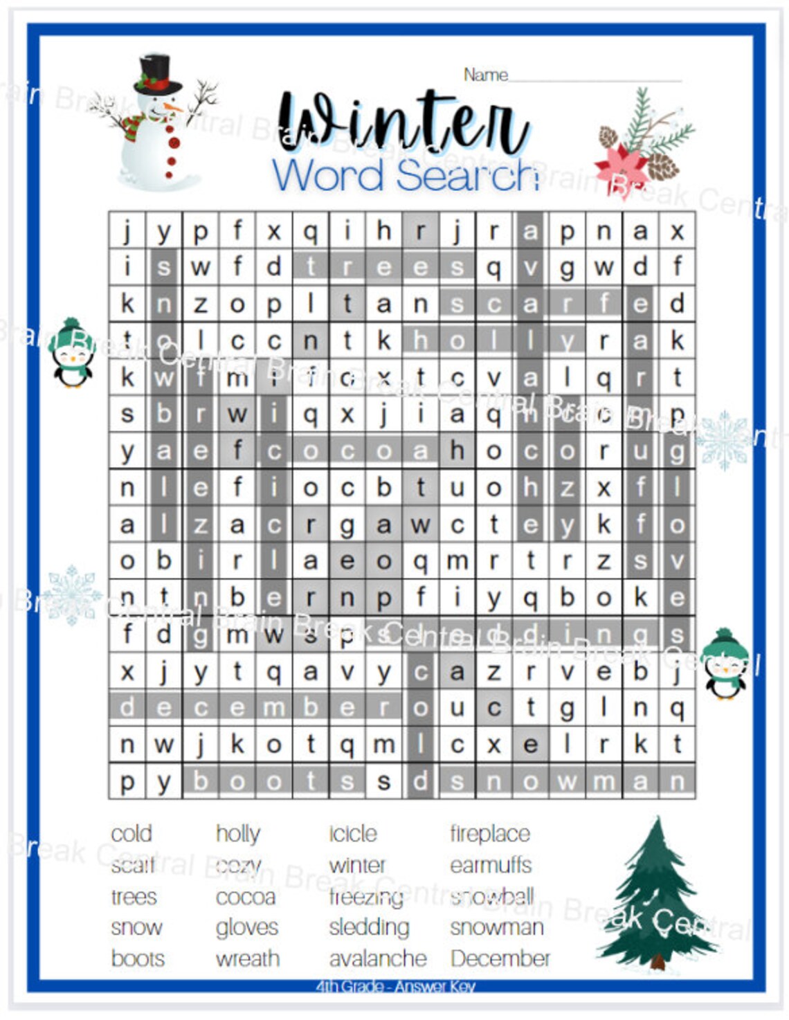 4th Grade Winter Word Search With Answer Key, Printable - Etsy