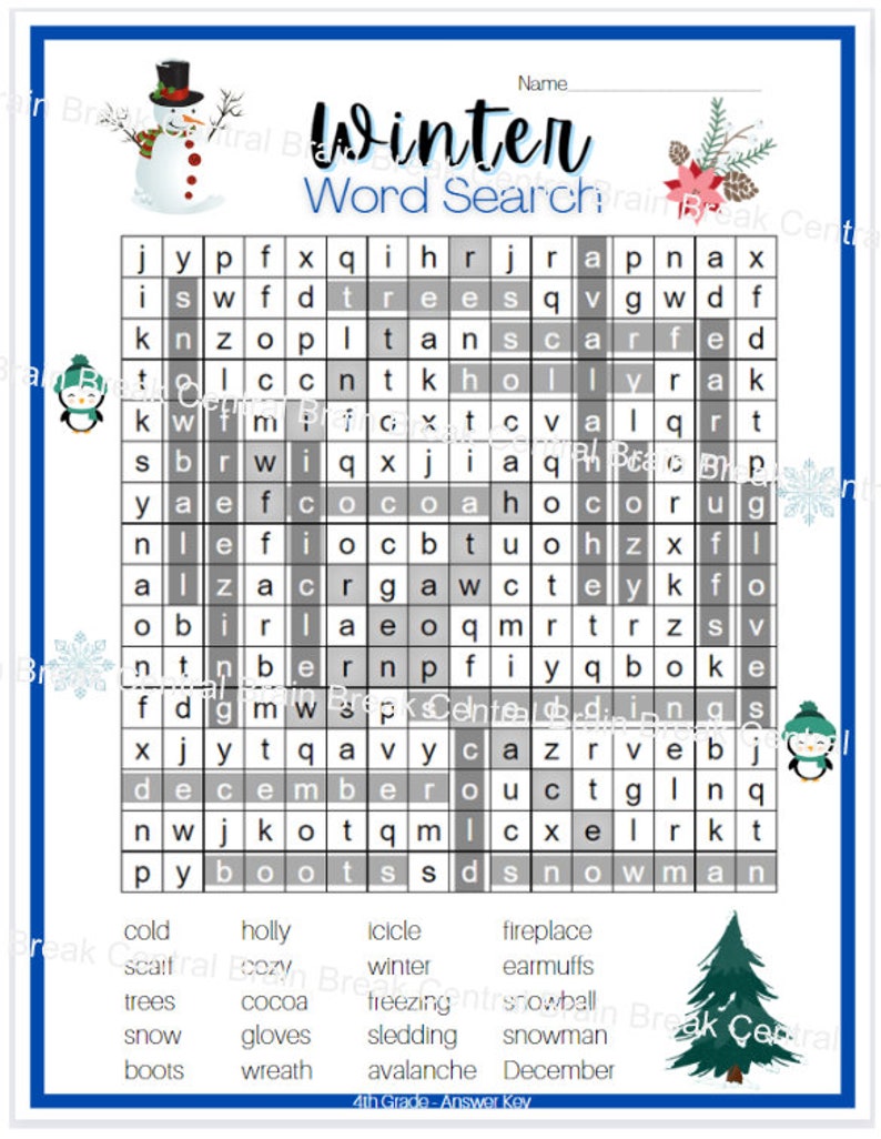 4th Grade Winter Word Search With Answer Key, Printable - Etsy