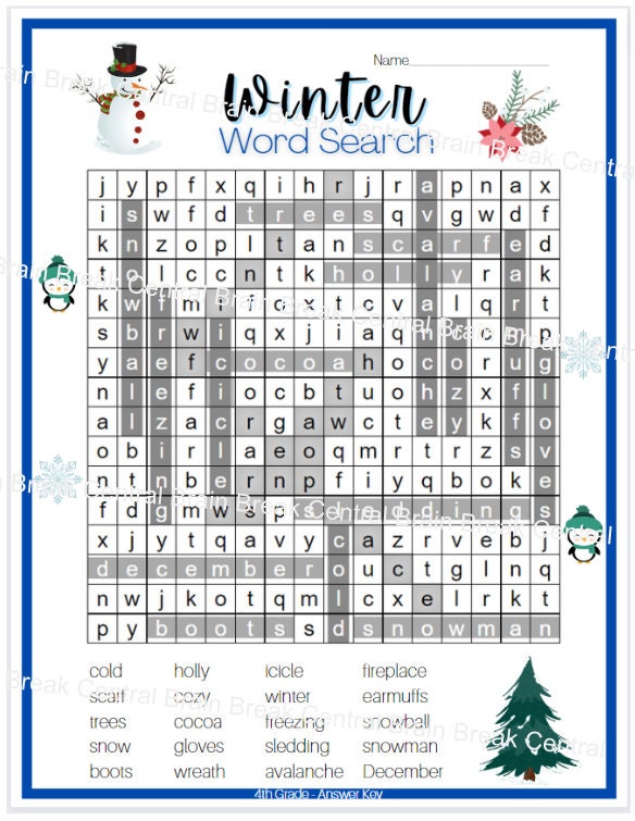 4th Grade Winter Word Search With Answer Key, Printable - Etsy