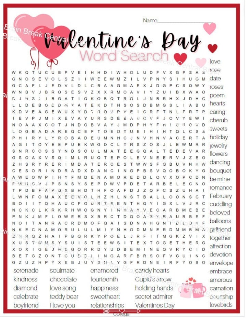College/adult Valentine's Day Word Search With Answer Key, Printable ...