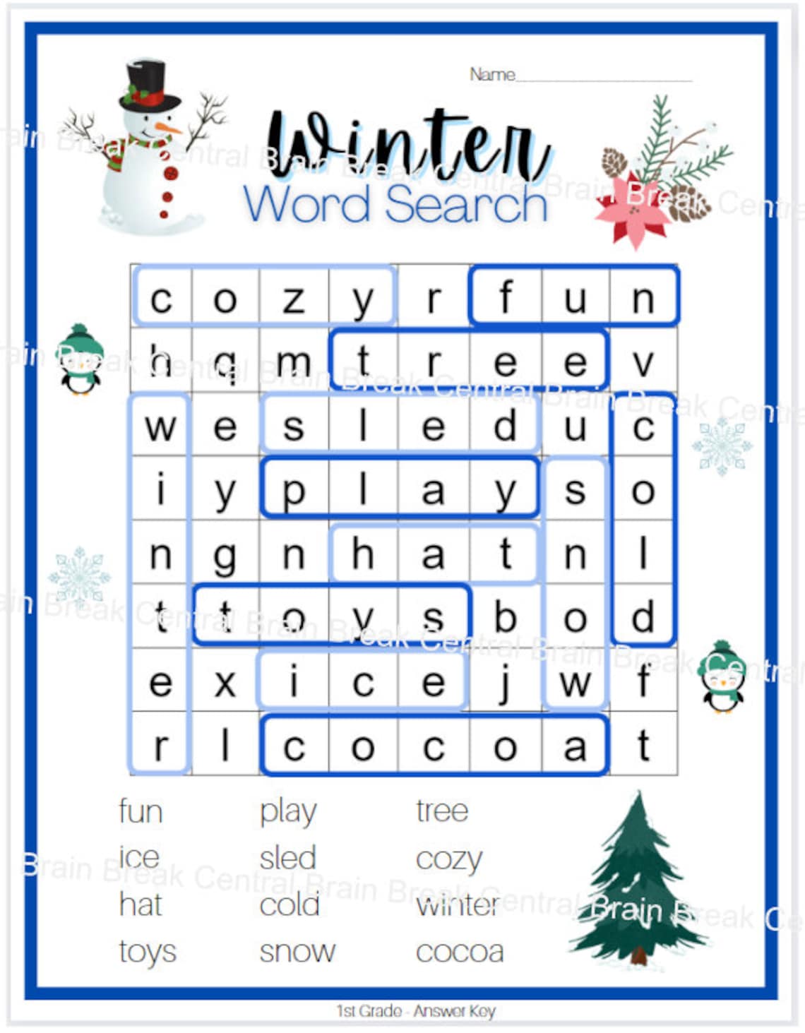 1st Grade Winter Word Search With Answer Key, Printable - Etsy