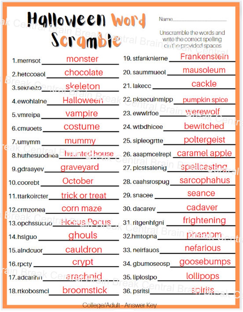 College/adult Halloween Word Scramble Worksheet With Answer Key ...