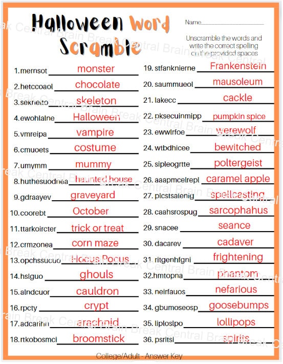 College/adult Halloween Word Scramble Worksheet With Answer Key ...
