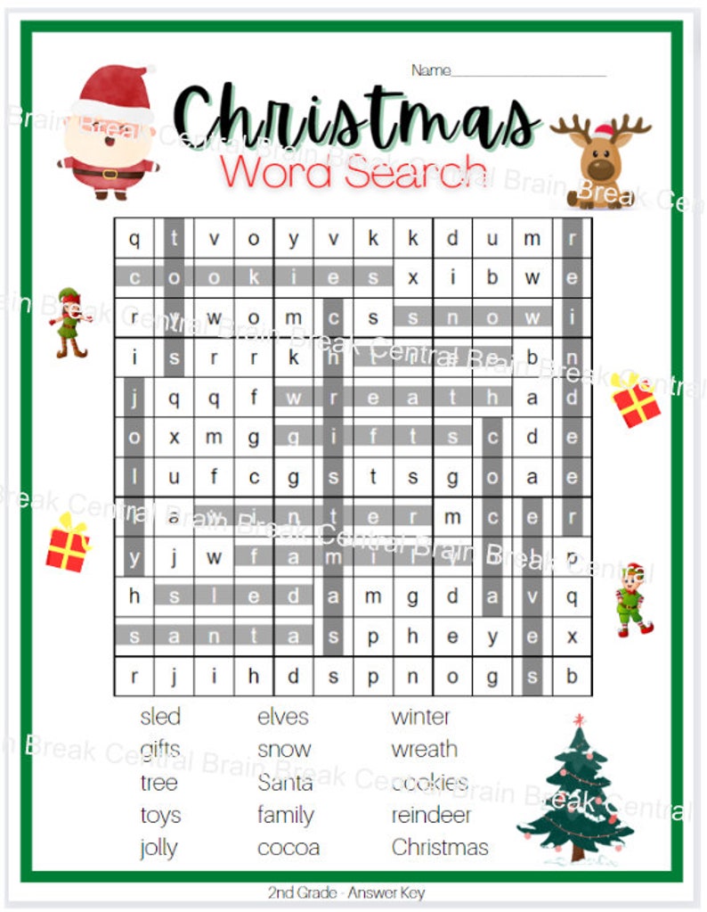 2nd Grade Christmas Word Search With Answer Key, Printable - Etsy