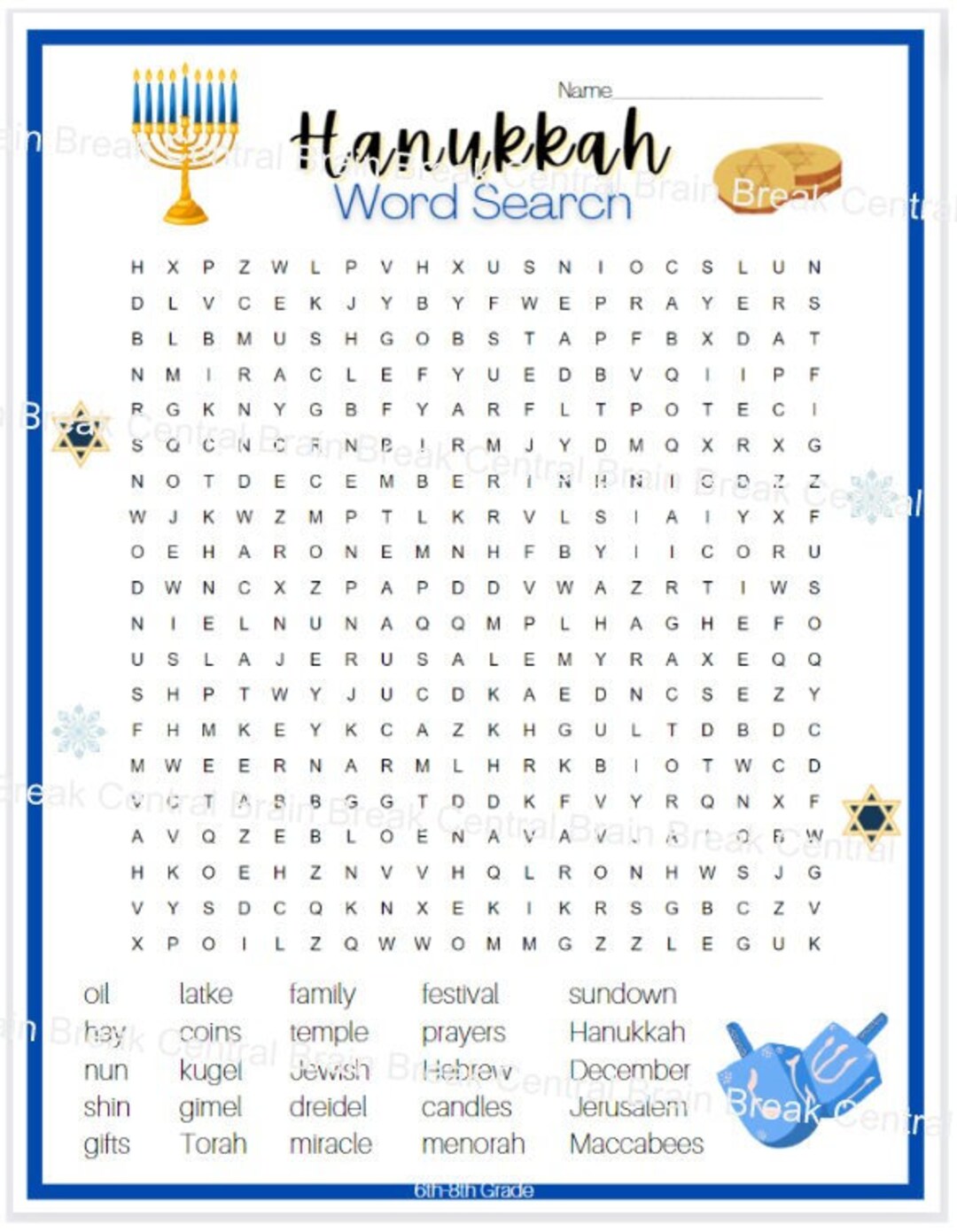 6th-8th Grade Hanukkah Word Search With Answer Key, Printable - Etsy
