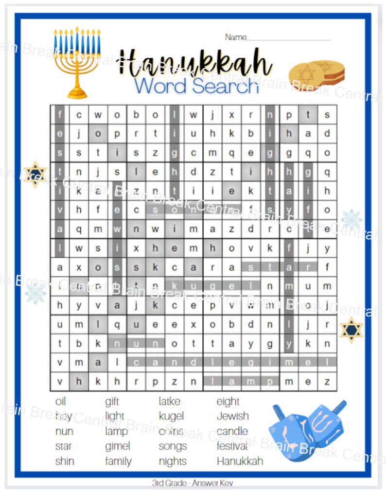 3rd Grade Hanukkah Word Search With Answer Key, Printable - Etsy