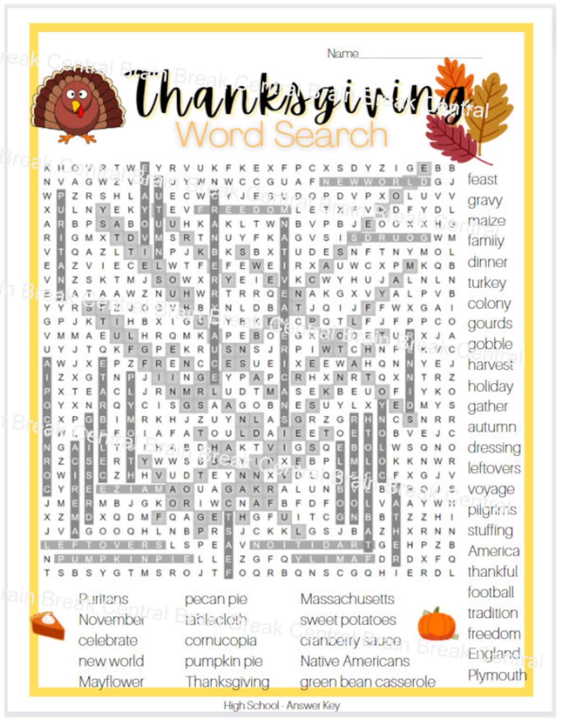 High School Thanksgiving Word Search With Answer Key, Printable - Etsy