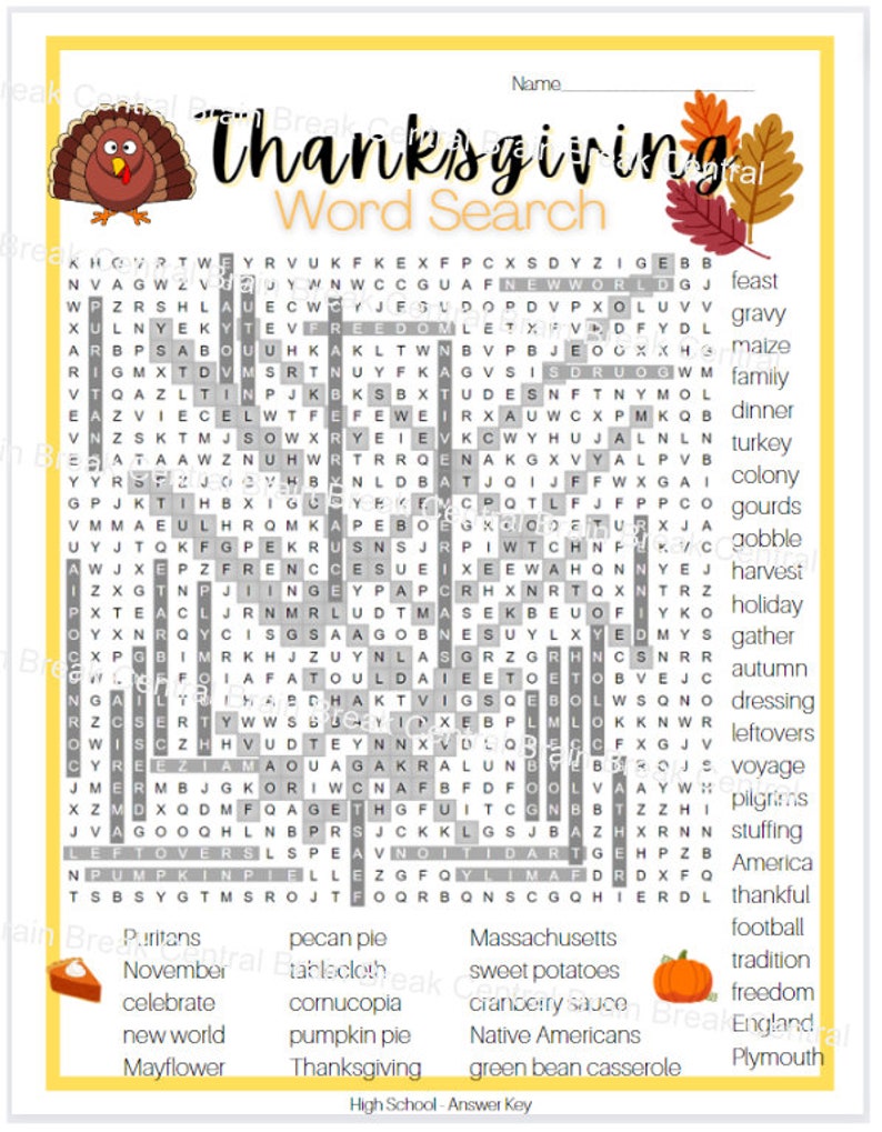 High School Thanksgiving Word Search With Answer Key, Printable - Etsy