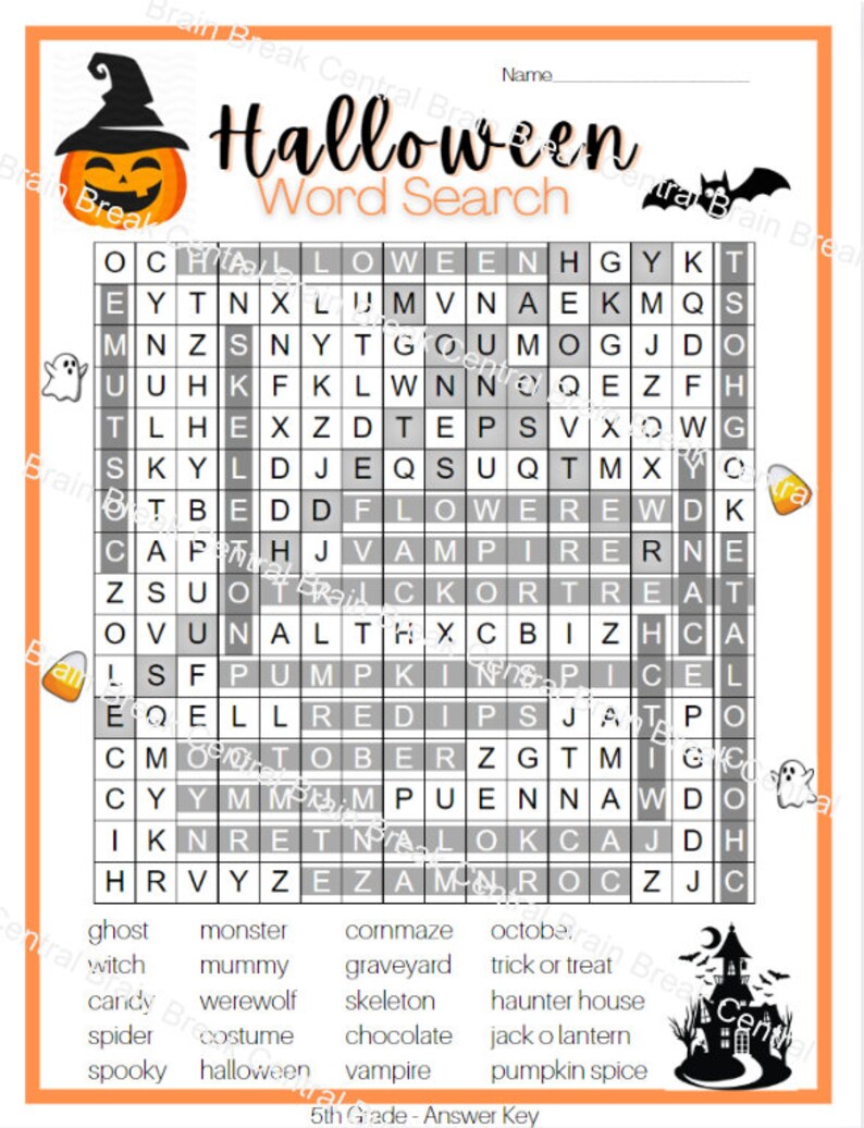 5th Grade Halloween Word Search With Answer Key - Etsy