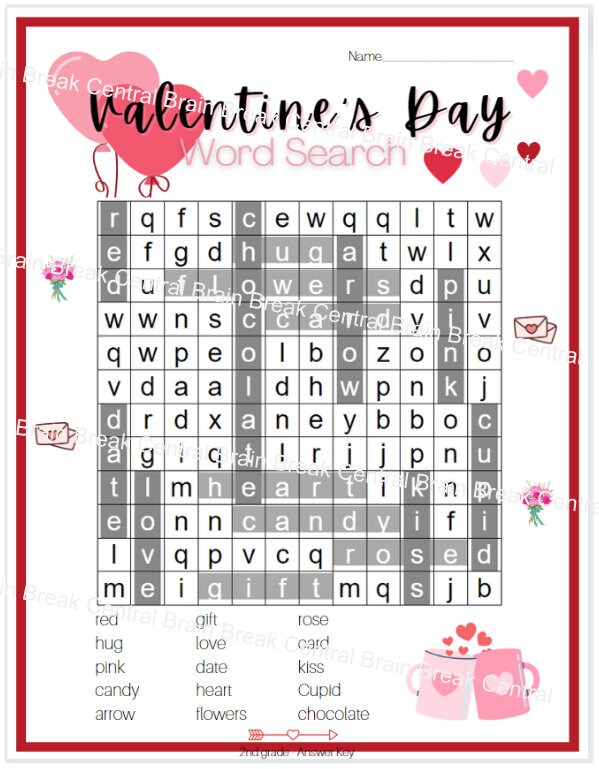 2nd Grade Valentine's Day Word Search With Answer Key, Printable - Etsy