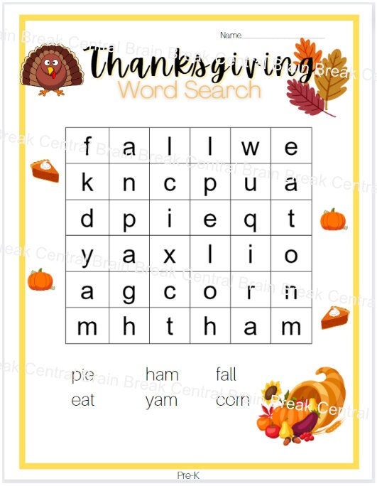 Pre-k Thanksgiving Word Search With Answer Key, Printable - Etsy
