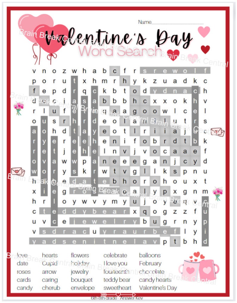 6th-8th Grade Valentine's Day Word Search With Answer Key, Printable - Etsy