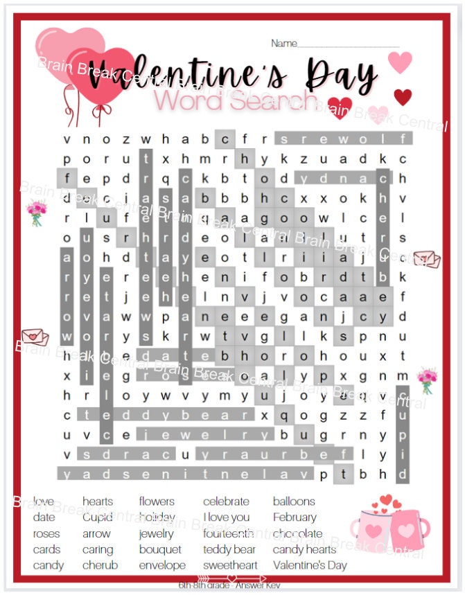 6th-8th Grade Valentine's Day Word Search With Answer Key, Printable - Etsy