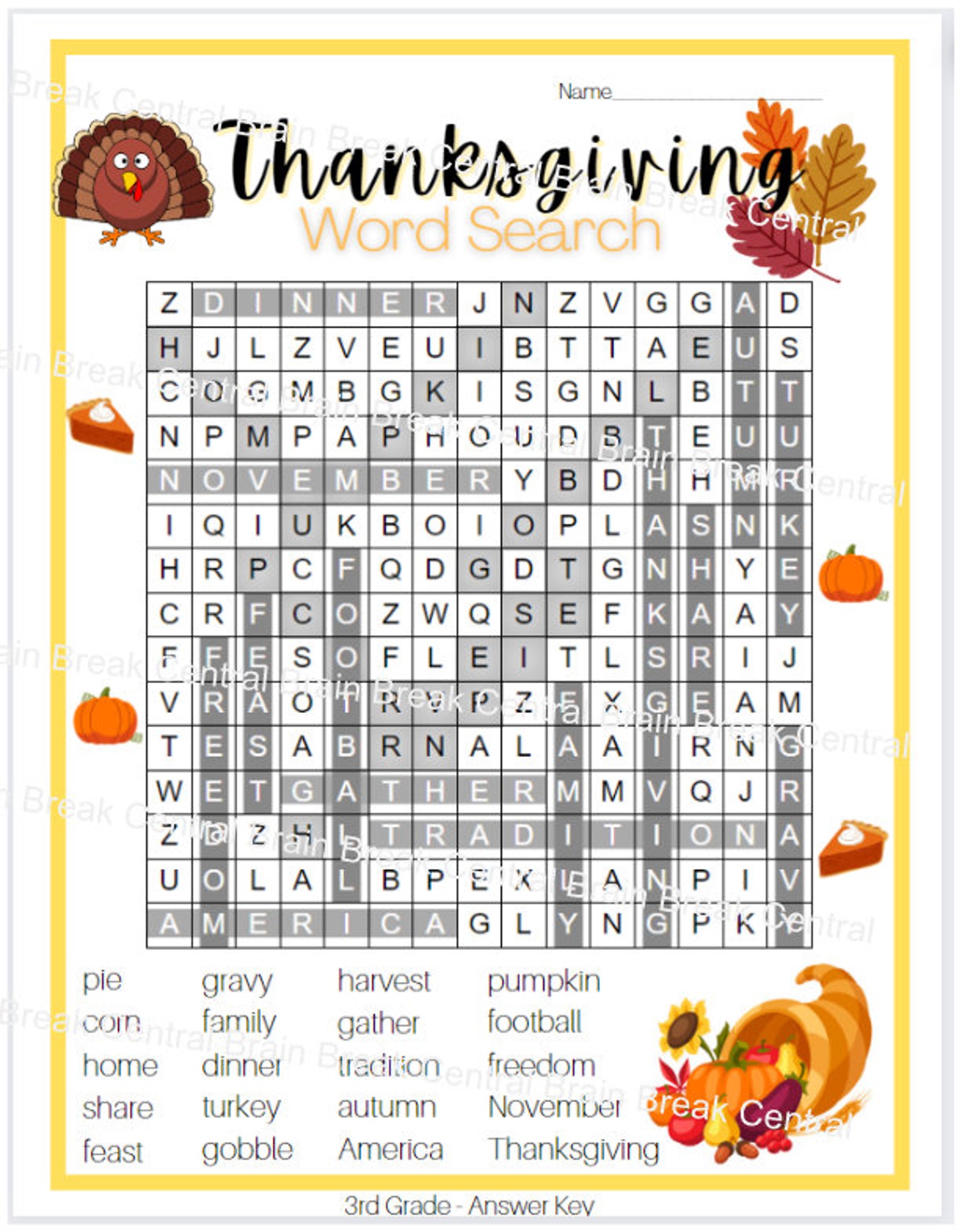 3rd Grade Thanksgiving Word Search With Answer Key, Printable - Etsy