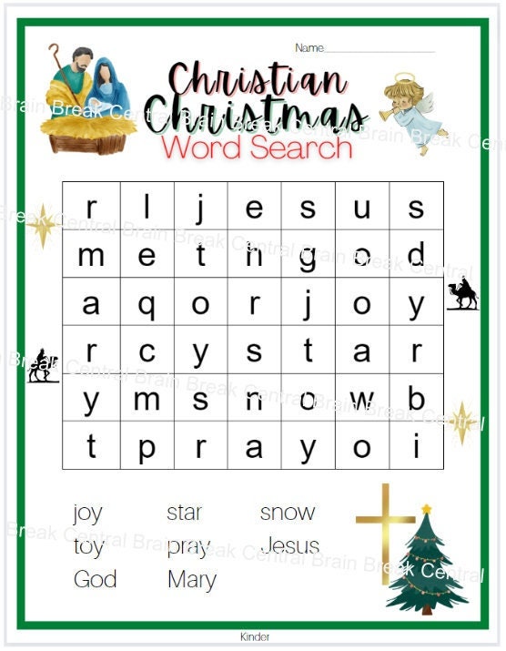 Kindergarten Christian Christmas Word Search With Answer Key, Printable ...