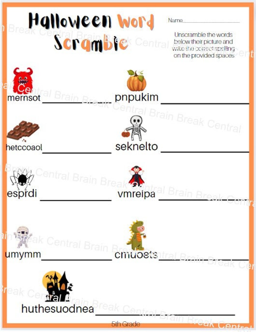 5th Grade Halloween Word Scramble Worksheet With Answer Key, Printable ...