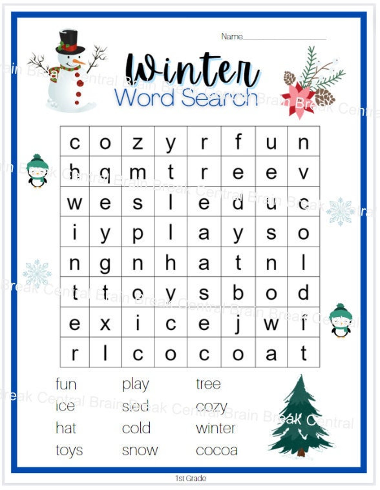 1st Grade Winter Word Search With Answer Key, Printable - Etsy