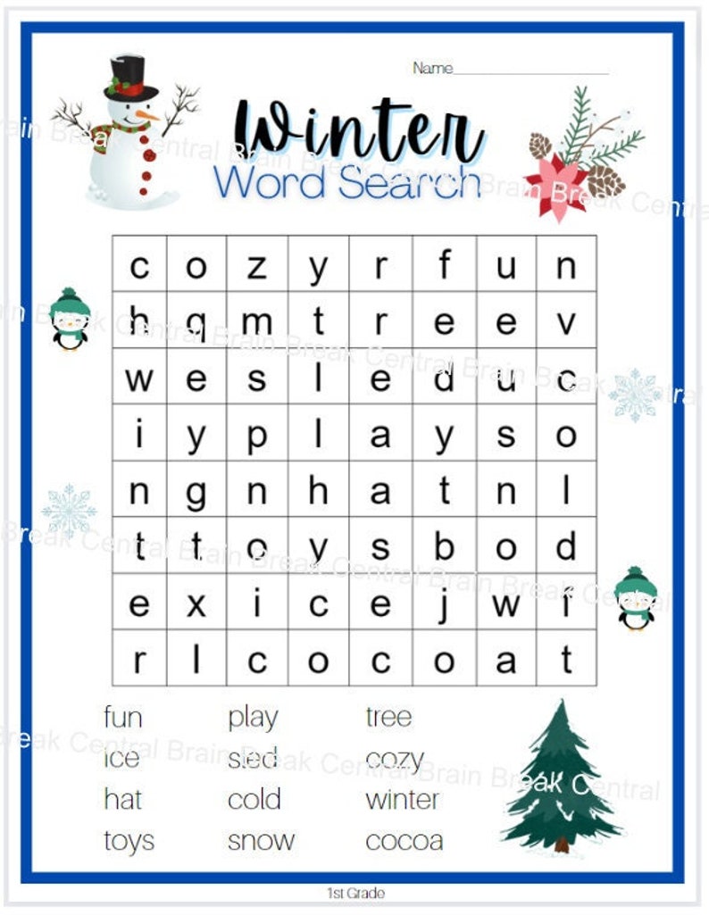 1st Grade Winter Word Search With Answer Key, Printable - Etsy