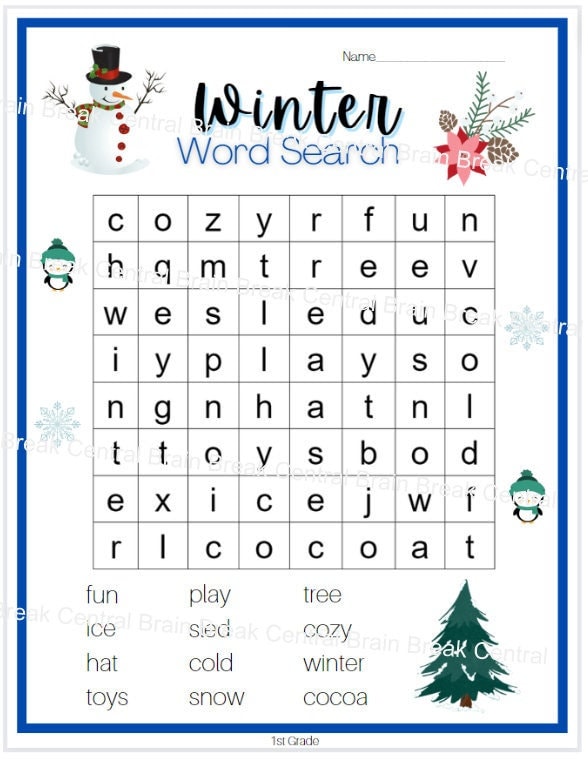 1st Grade Winter Word Search With Answer Key, Printable - Etsy