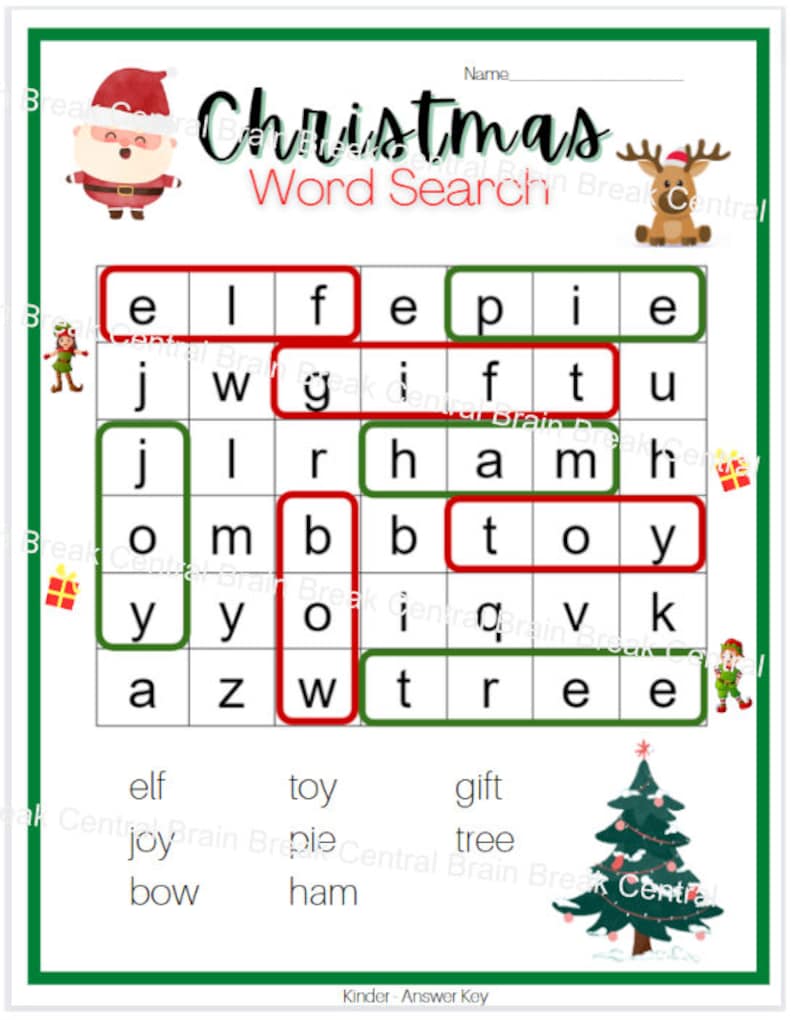 Kindergarten Christmas Word Search With Answer Key, Printable - Etsy