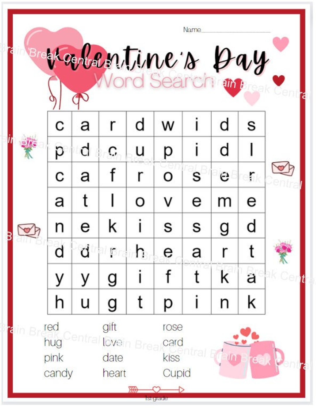 1st Grade Valentine's Day Word Search With Answer Key, Printable - Etsy