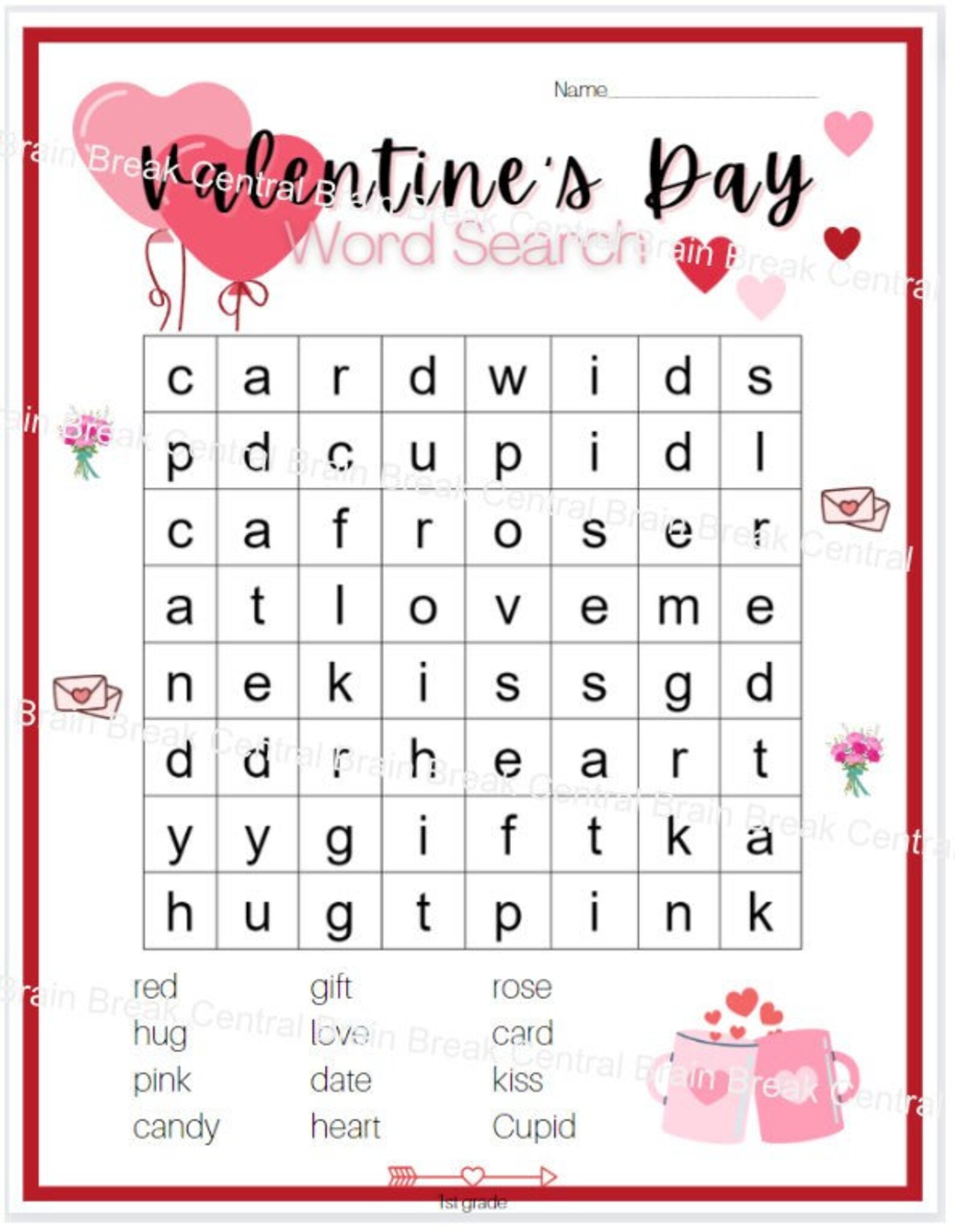 1st Grade Valentine's Day Word Search With Answer Key, Printable - Etsy