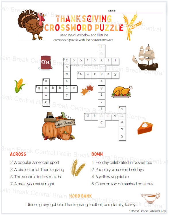 1st Grade Thanksgiving Crossword Puzzle With Word Bank and Answer Key ...