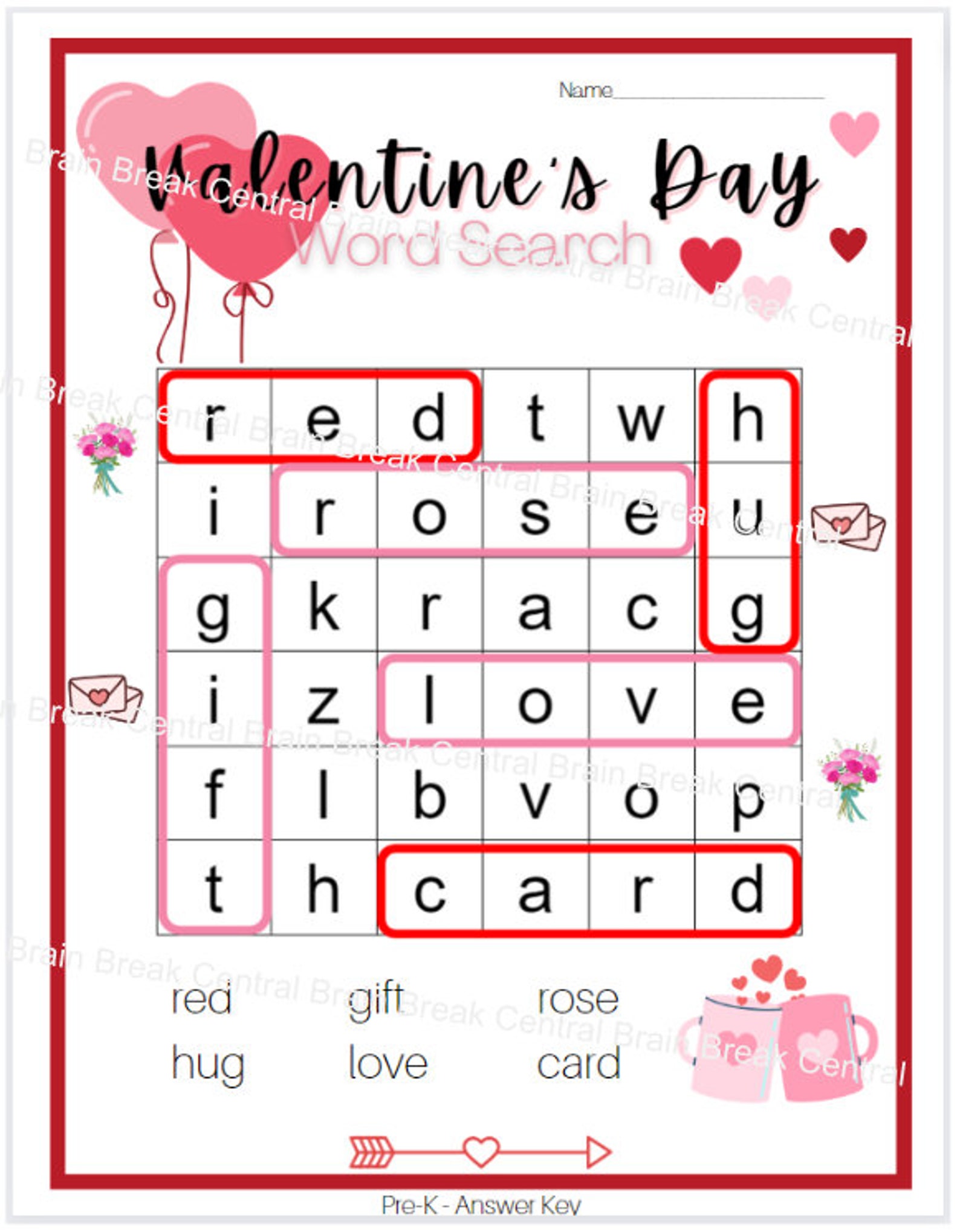 Pre-k Valentine's Day Word Search With Answer Key, Printable - Etsy