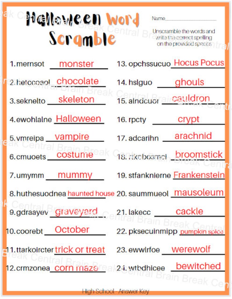 High School Halloween Word Scramble Worksheet With Answer Key ...