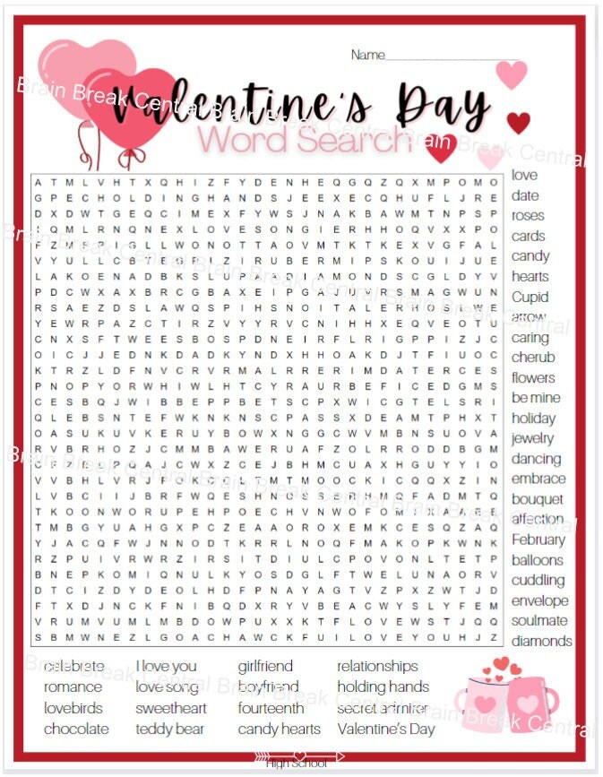 High School Valentine's Day Word Search With Answer Key, Printable - Etsy