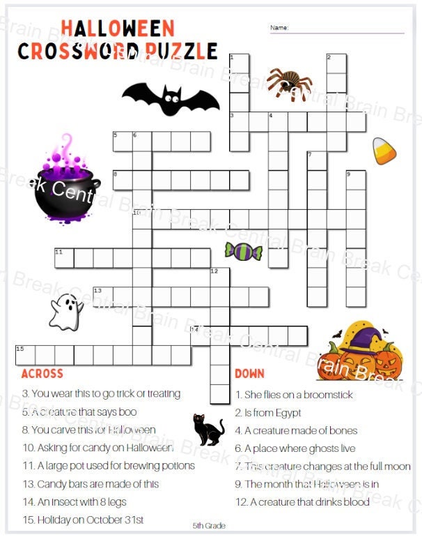 5th Grade Halloween Crossword Puzzle With Answer Key - Etsy