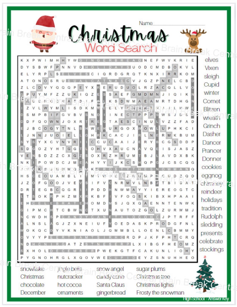 High School Christmas Word Search With Answer Key, Printable - Etsy