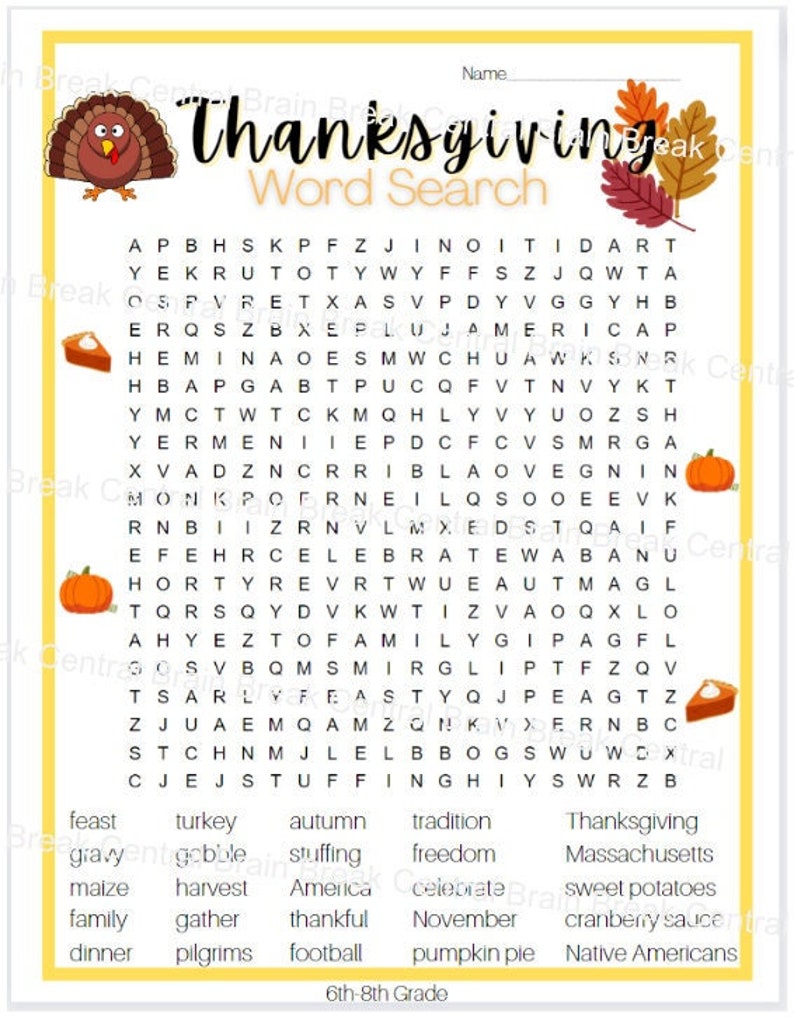 6th-8th Grade Thanksgiving Word Search With Answer Key, Printable - Etsy