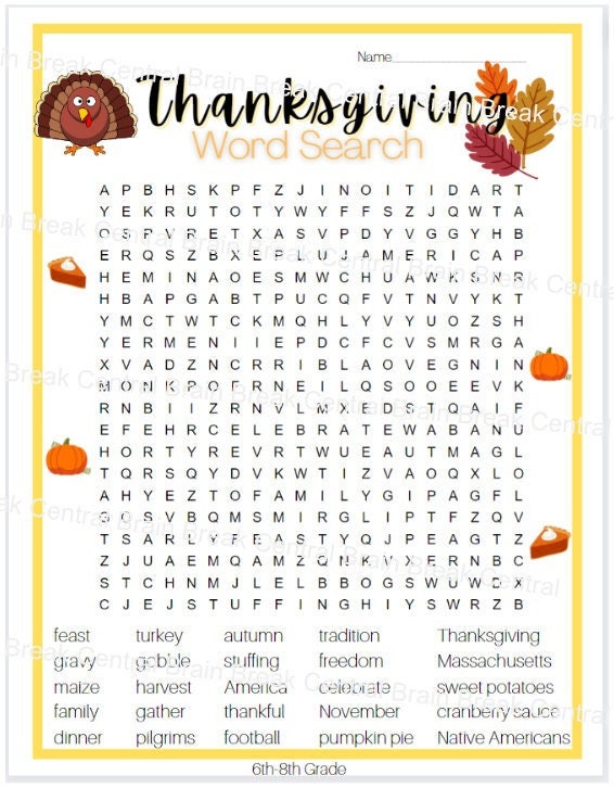 6th-8th Grade Thanksgiving Word Search With Answer Key, Printable - Etsy