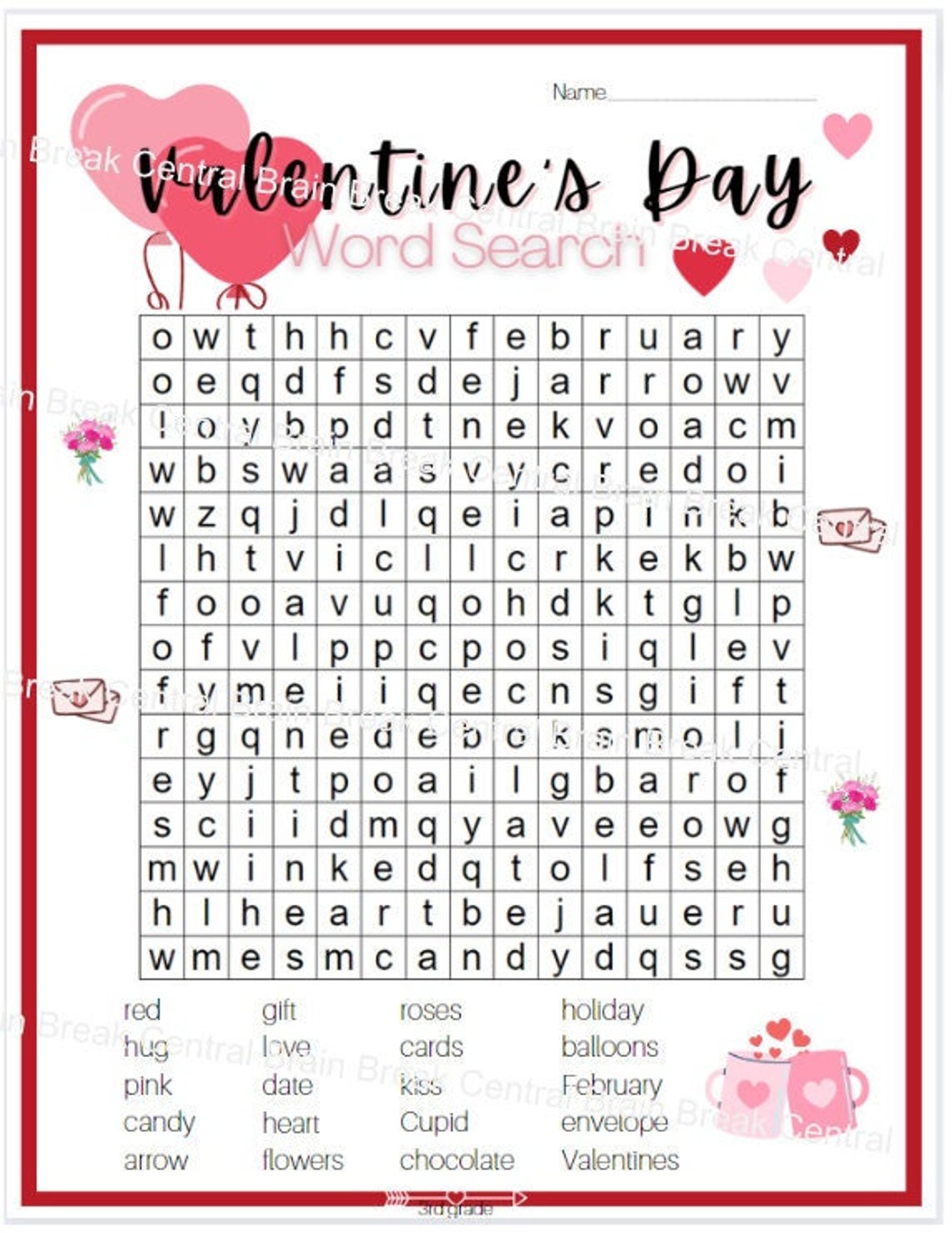 3rd Grade Valentine's Day Word Search With Answer Key, Printable - Etsy
