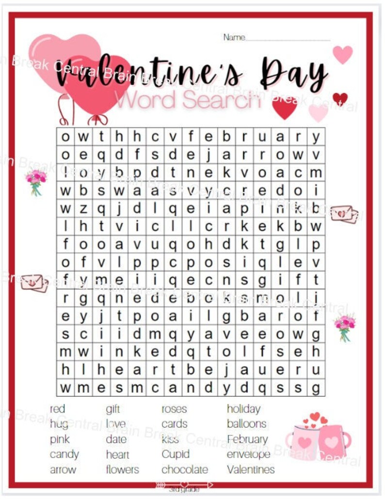 3rd Grade Valentine's Day Word Search With Answer Key, Printable - Etsy