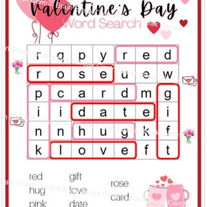 Kindergarten Valentine's Day Word Search With Answer Key, Printable - Etsy