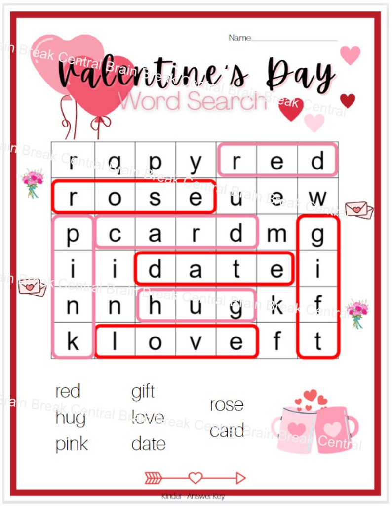 Kindergarten Valentine's Day Word Search With Answer Key, Printable - Etsy