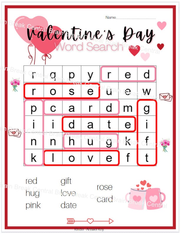 Kindergarten Valentine's Day Word Search With Answer Key, Printable - Etsy