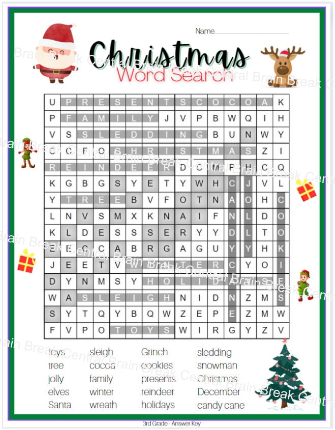 3rd Grade Christmas Word Search With Answer Key, Printable - Etsy