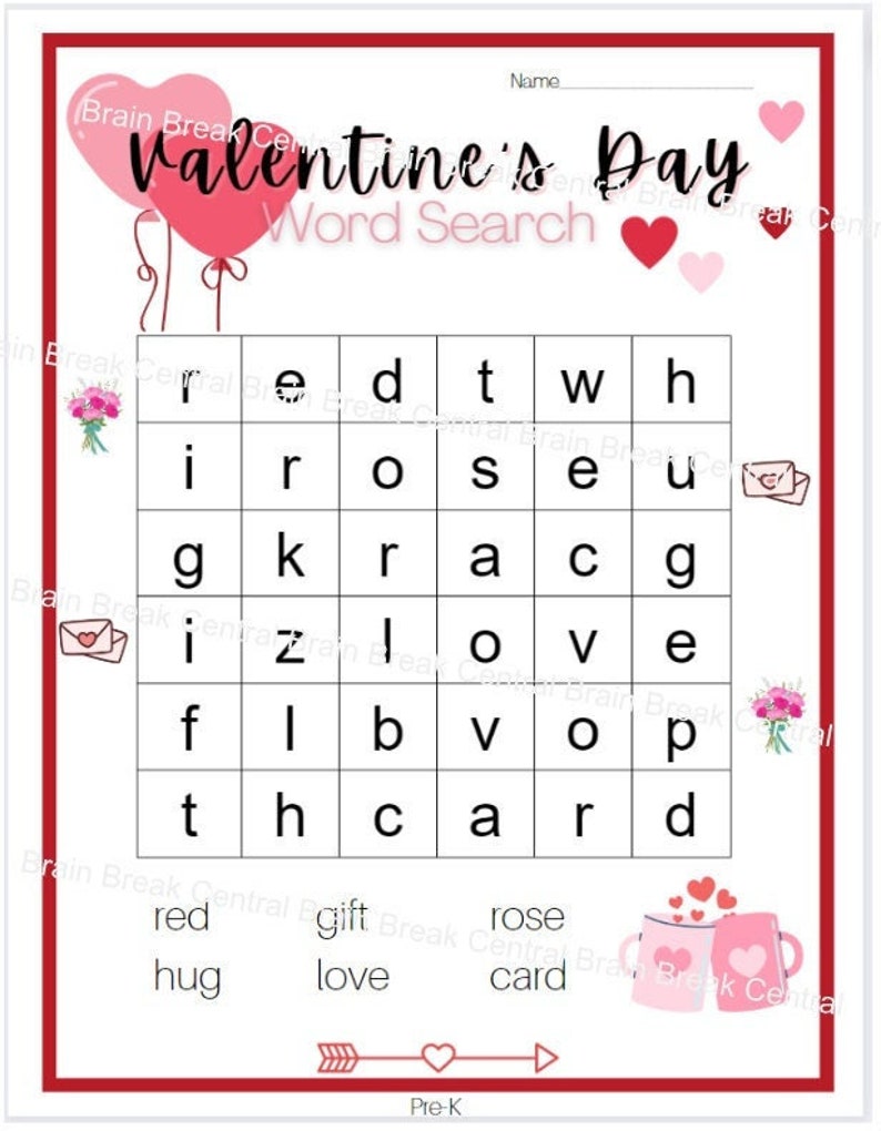 Pre-k Valentine's Day Word Search With Answer Key, Printable - Etsy
