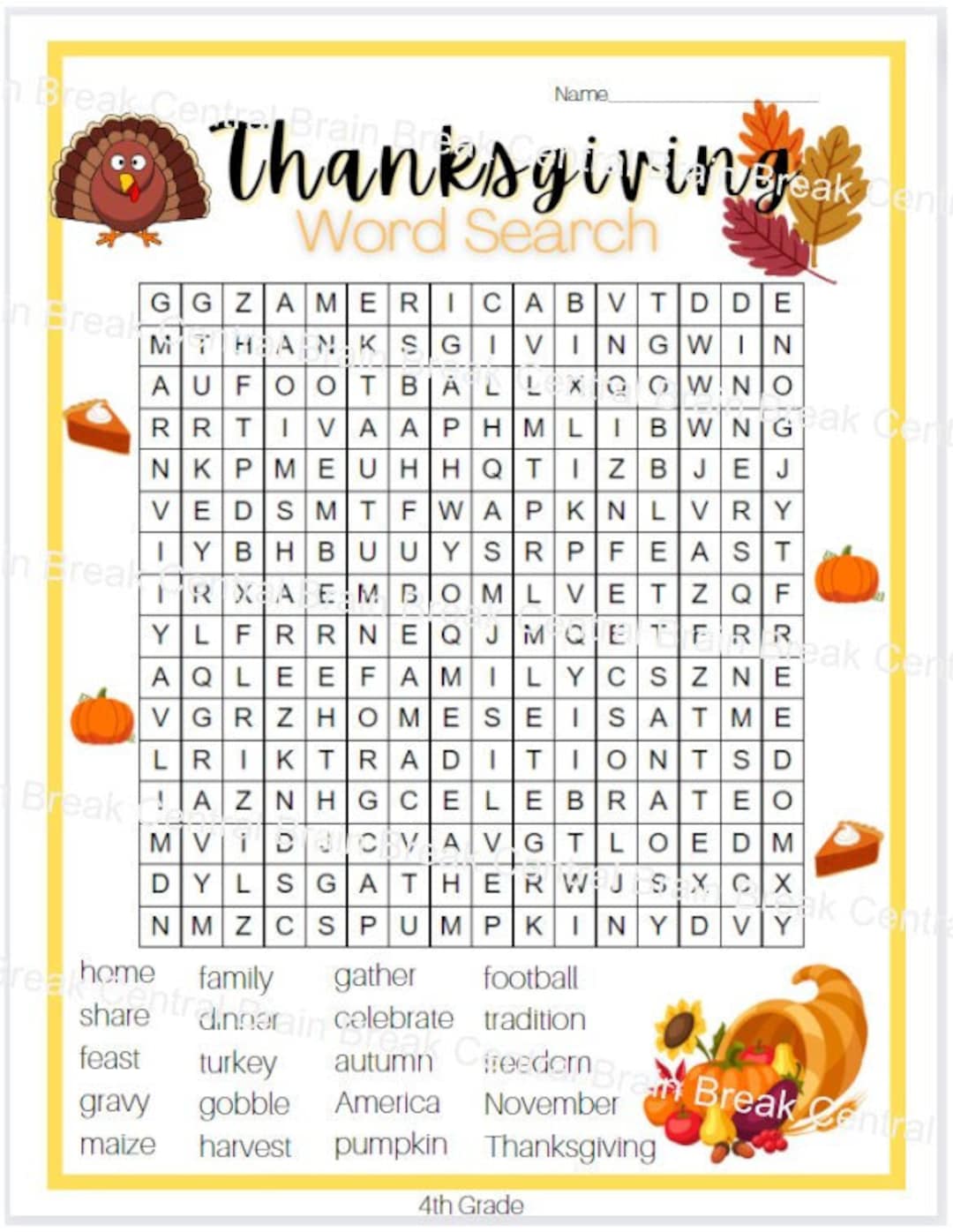 4th Grade Thanksgiving Word Search With Answer Key, Printable - Etsy